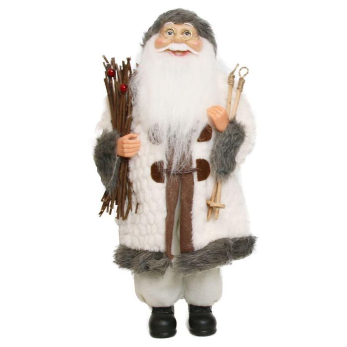 Weihnachtsmann Figur JARICK, Reisigbündel, Skistöcke, weiß-grau, 22x14x45cm
